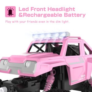 NQD 4WD Remote Control Truck - 1:14 Big Monster Stunt Car All Terrain Off-Road Hobby RC Truck 2.4Ghz with LED Headlight Rock Crawler Rechargeable Electric Toy for Boys & Girls Gifts（Pink）