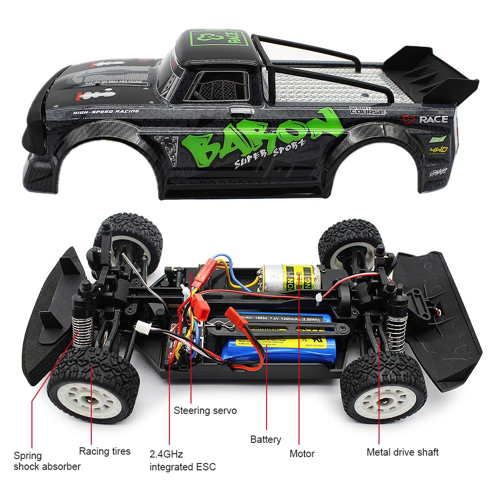 fisca 1/16 Remote Control High Speed Car, 4WD RC Drifting Racing Cars Fast 20MPH Truck 2.4Ghz Off-Road 4X4 Buggy Car Speed & Steering Control Vehicle Toy with Lights for Kids and Adults