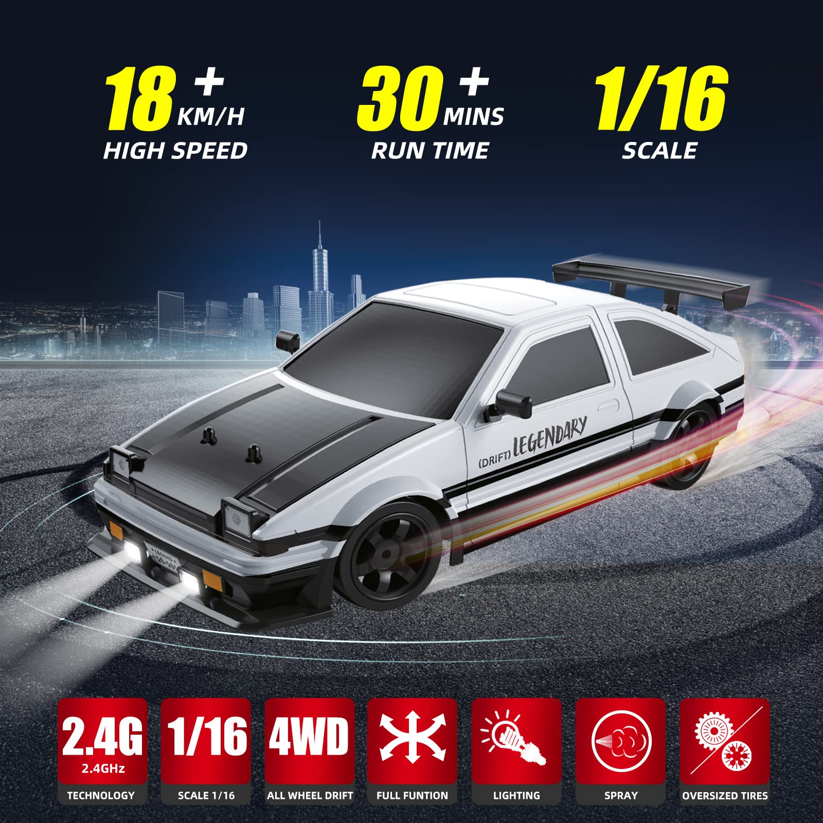 Sakeye RC Drift Car 2.4GHz 1:16 Scale 4WD High Speed Remote Control Cars Vehicle with LED Lights Two Batteries and Drifting Tires Racing Sport Toy Cars for Adults Boys Girls Kids Gift