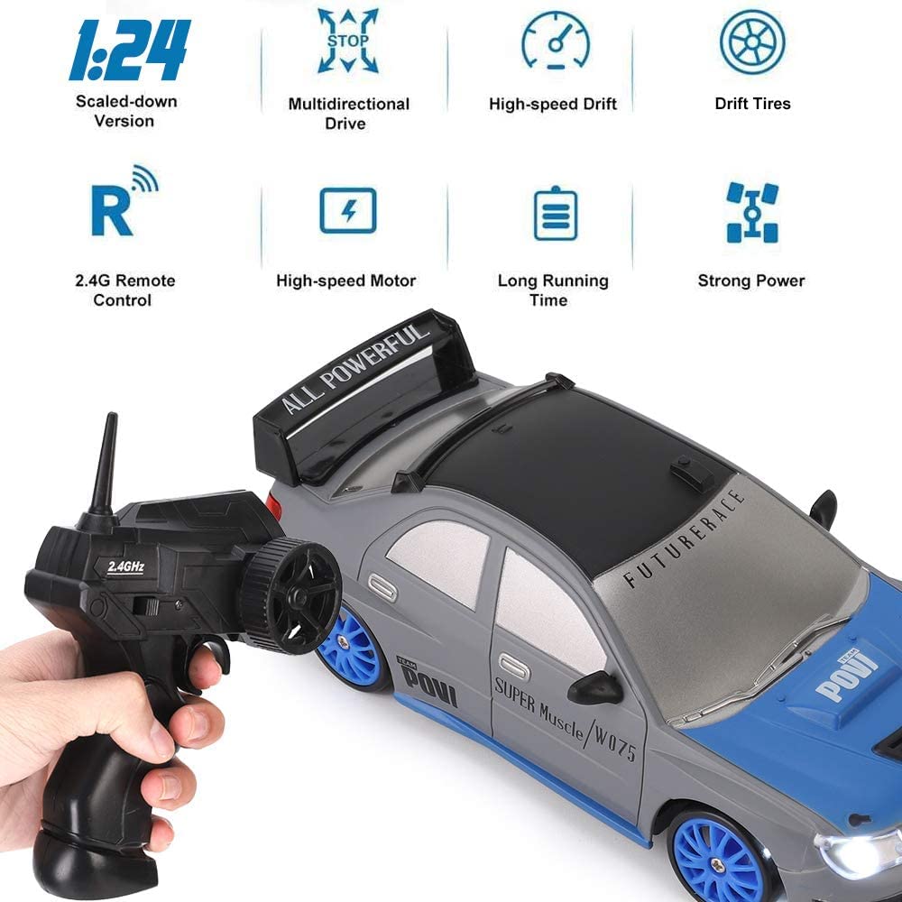 Liberty Imports RC Drift Car 1/24 2.4GHz 4WD Remote Control Sport Racing On-Road Vehicle with LED Light, Batteries and Drift Tires (Silver)