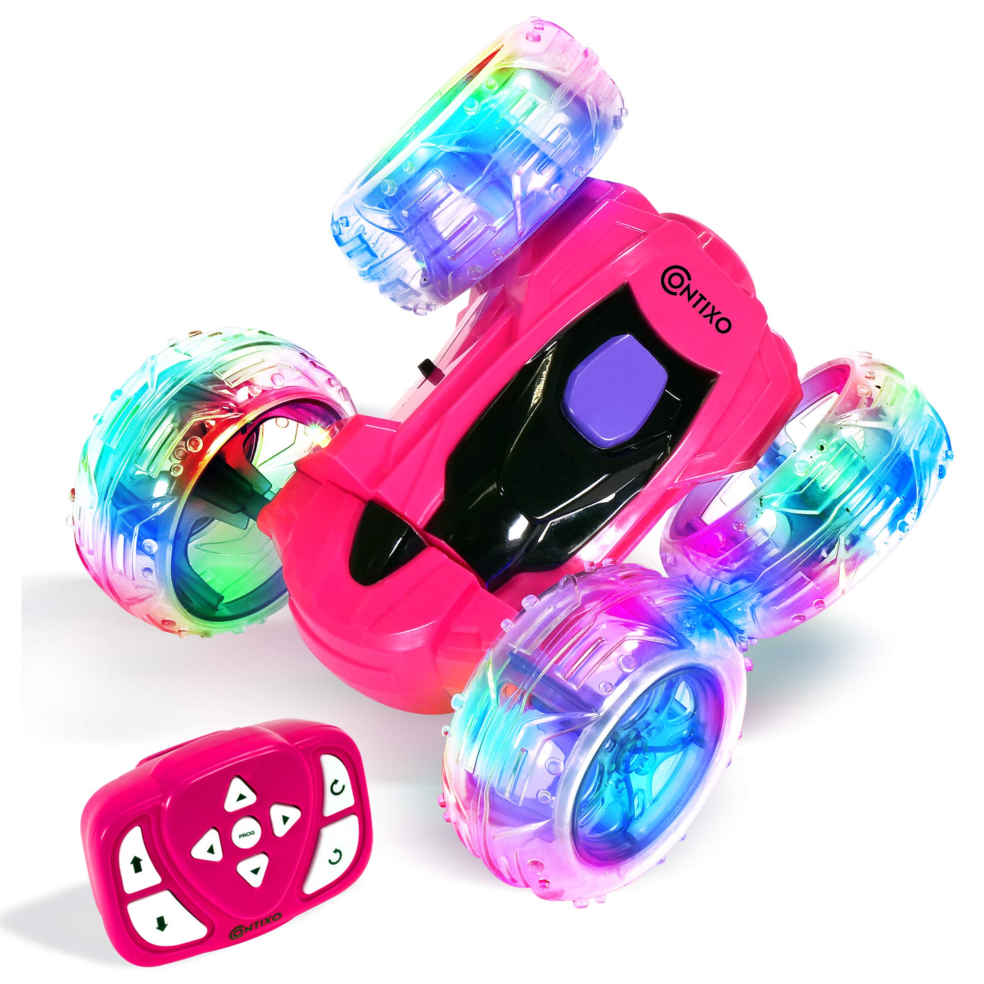 Contixo RC Stunt Car 4WD 2.4Ghz - Double Sided 360° Rotating Remote Control Toy with Lights, for Boys & Girls Age 4-12 Pink