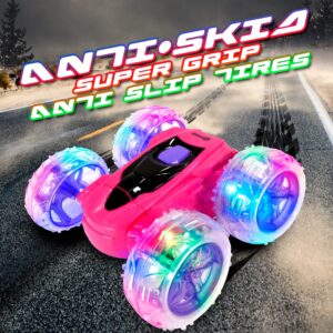 Contixo RC Stunt Car 4WD 2.4Ghz - Double Sided 360° Rotating Remote Control Toy with Lights, for Boys & Girls Age 4-12 Pink