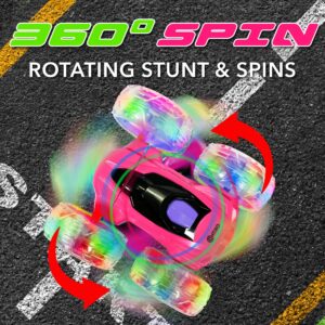 Contixo RC Stunt Car 4WD 2.4Ghz - Double Sided 360° Rotating Remote Control Toy with Lights, for Boys & Girls Age 4-12 Pink