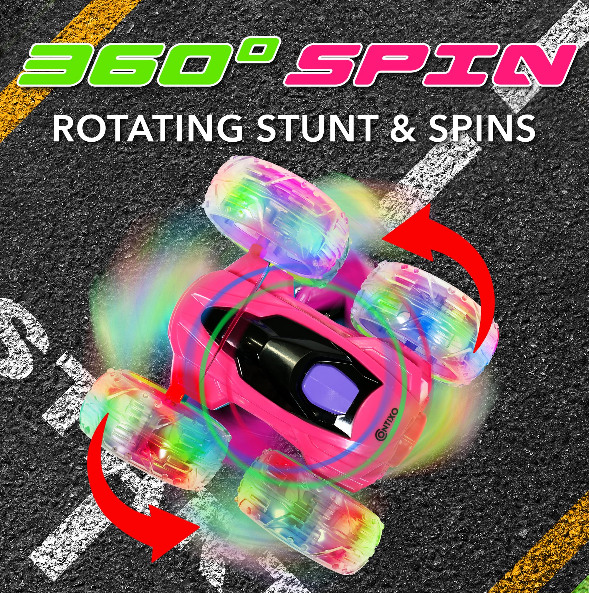 Contixo RC Stunt Car 4WD 2.4Ghz - Double Sided 360° Rotating Remote Control Toy with Lights, for Boys & Girls Age 4-12 Pink