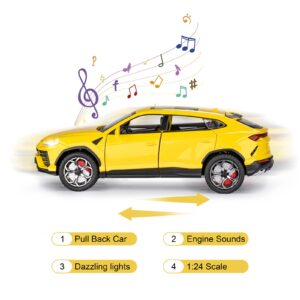 SASBSC Toy Cars for Boys Age 4-7 Lambo Urus Car Toys for 3 4 5 6 7 8 Year Old Boy Off-Road Metal Cars for Kids Diecast Model Cars with Light and Sound Birthday Gifts(Yellow, 1:24)