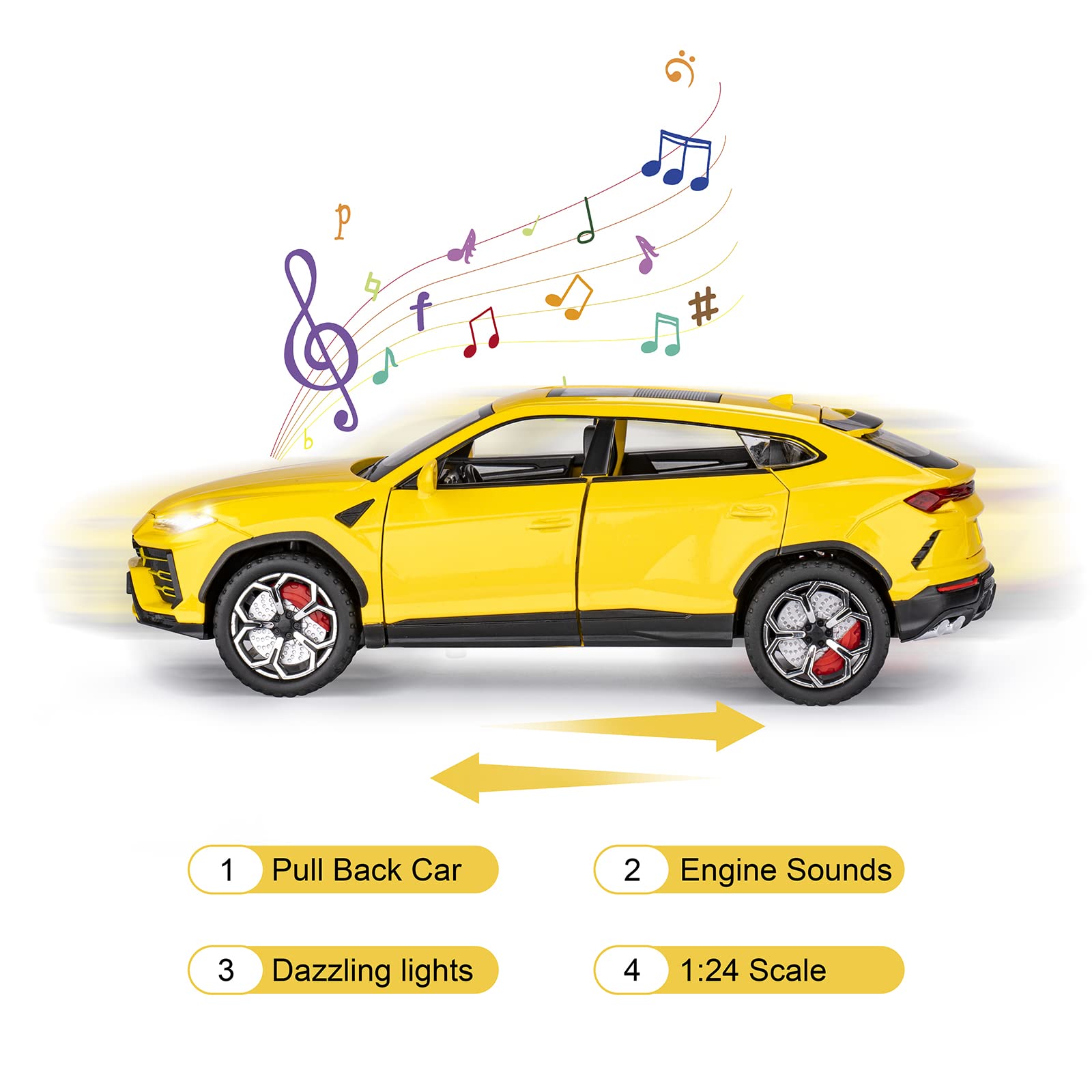 SASBSC Toy Cars for Boys Age 4-7 Lambo Urus Car Toys for 3 4 5 6 7 8 Year Old Boy Off-Road Metal Cars for Kids Diecast Model Cars with Light and Sound Birthday Gifts(Yellow, 1:24)