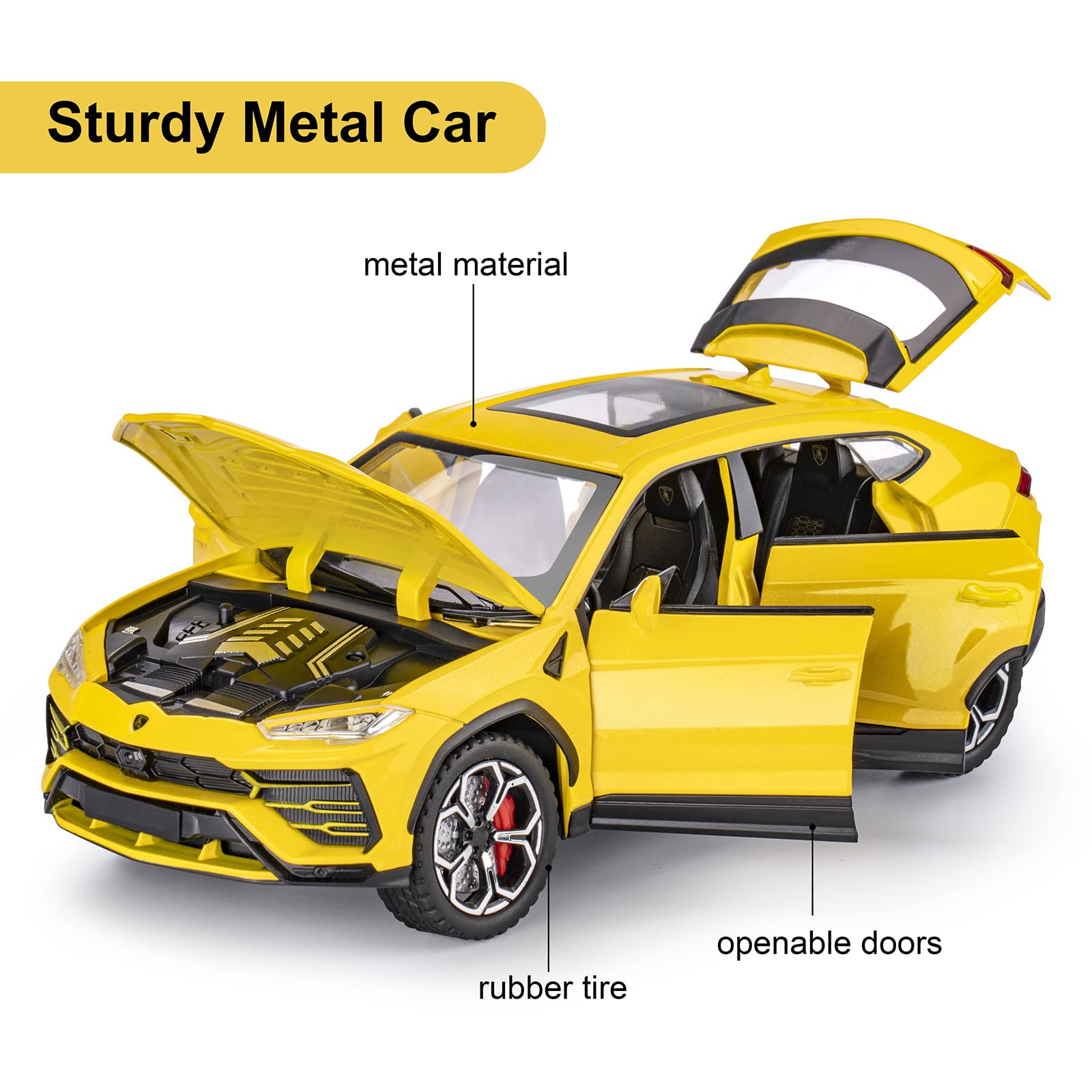 SASBSC Toy Cars for Boys Age 4-7 Lambo Urus Car Toys for 3 4 5 6 7 8 Year Old Boy Off-Road Metal Cars for Kids Diecast Model Cars with Light and Sound Birthday Gifts(Yellow, 1:24)