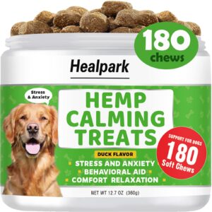 hemp calming chews for dogs with anxiety and stress - dog anxiety relief, separation, storms, barking - melatonin, hemp oil, valerian root, l-tryptophan, chamomile -180 dog calming treats - duck