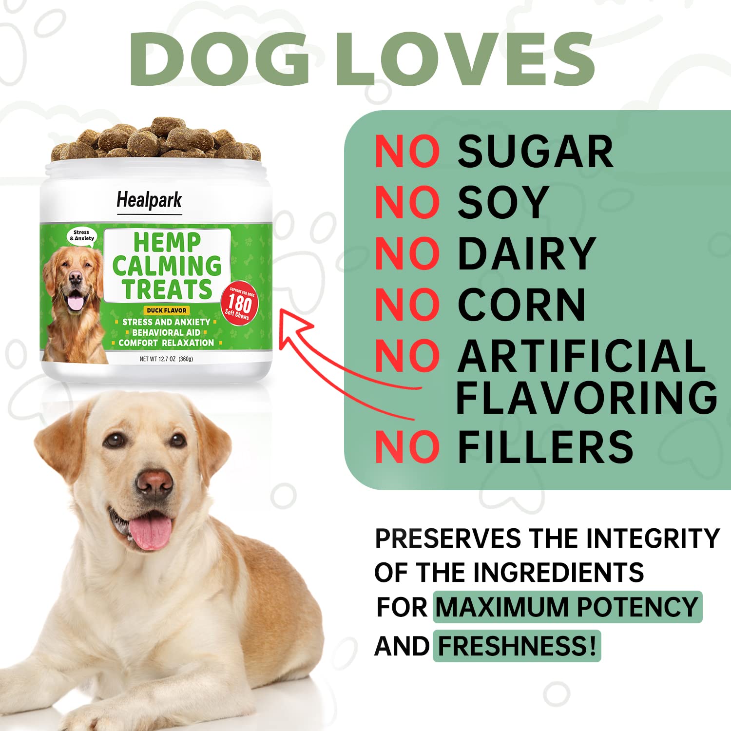 Hemp Calming Chews for Dogs with Anxiety and Stress - Dog Anxiety Relief, Separation, Storms, Barking - Melatonin, Hemp Oil, Valerian Root, L-Tryptophan, Chamomile -180 Dog Calming Treats - Duck