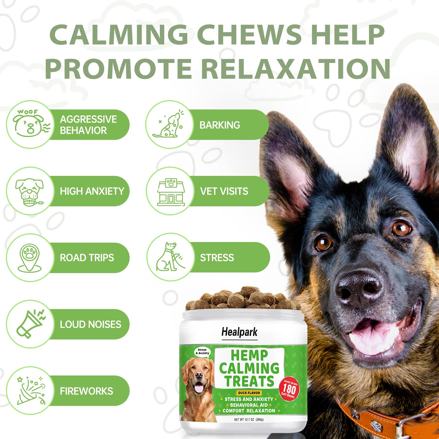 Hemp Calming Chews for Dogs with Anxiety and Stress - Dog Anxiety Relief, Separation, Storms, Barking - Melatonin, Hemp Oil, Valerian Root, L-Tryptophan, Chamomile -180 Dog Calming Treats - Duck