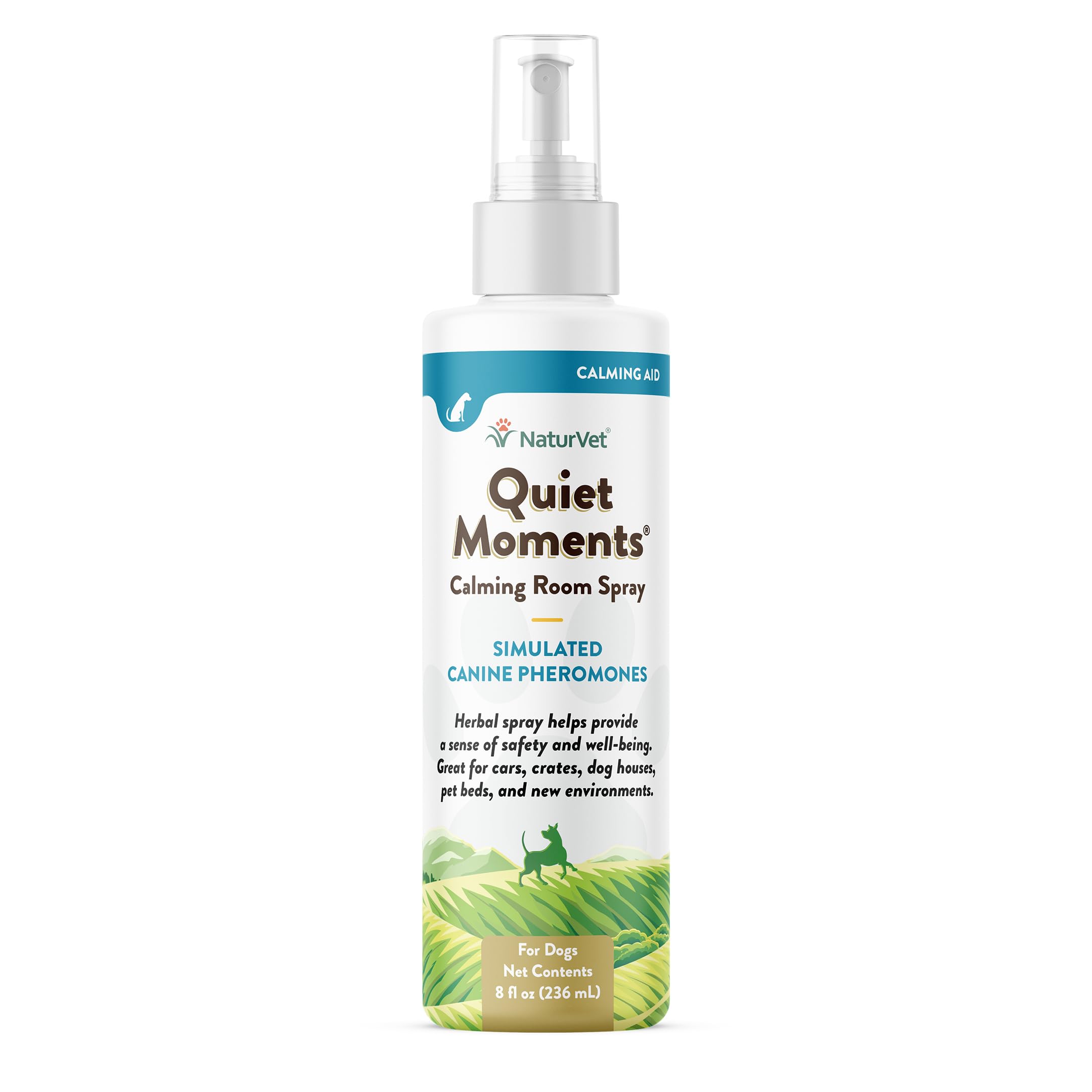 NaturVet Quiet Moments Herbal Calming Room Spray Dog Supplement – Ideal for Cars, Dog Crates, New Environments – Helps Reduce Pet Stress, Storm Anxiety, Motion Sickness – 8 Oz.