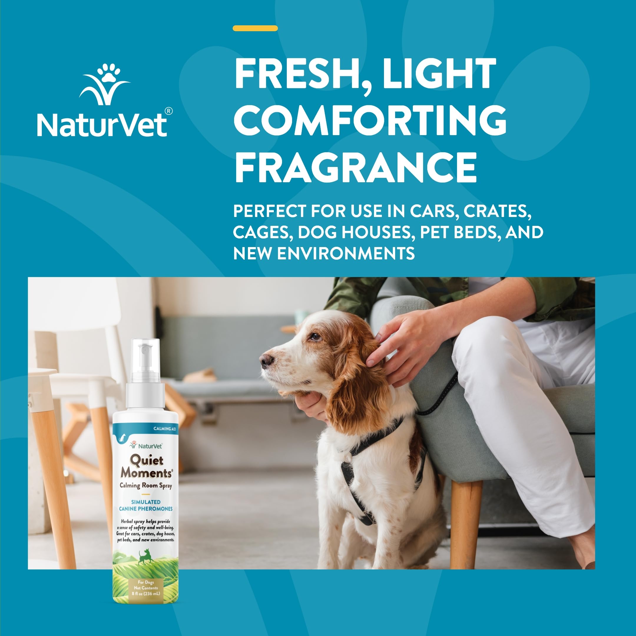 NaturVet Quiet Moments Herbal Calming Room Spray Dog Supplement – Ideal for Cars, Dog Crates, New Environments – Helps Reduce Pet Stress, Storm Anxiety, Motion Sickness – 8 Oz.