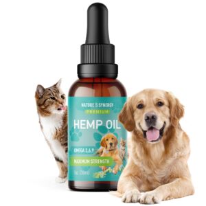 nature's synergy hemp oil for dogs, cats & pets, omega 3 6 9 fatty acids for hip and joint support, skin and coat health, calming dog supplement to support stress from travel, separation, 1 oz bottle