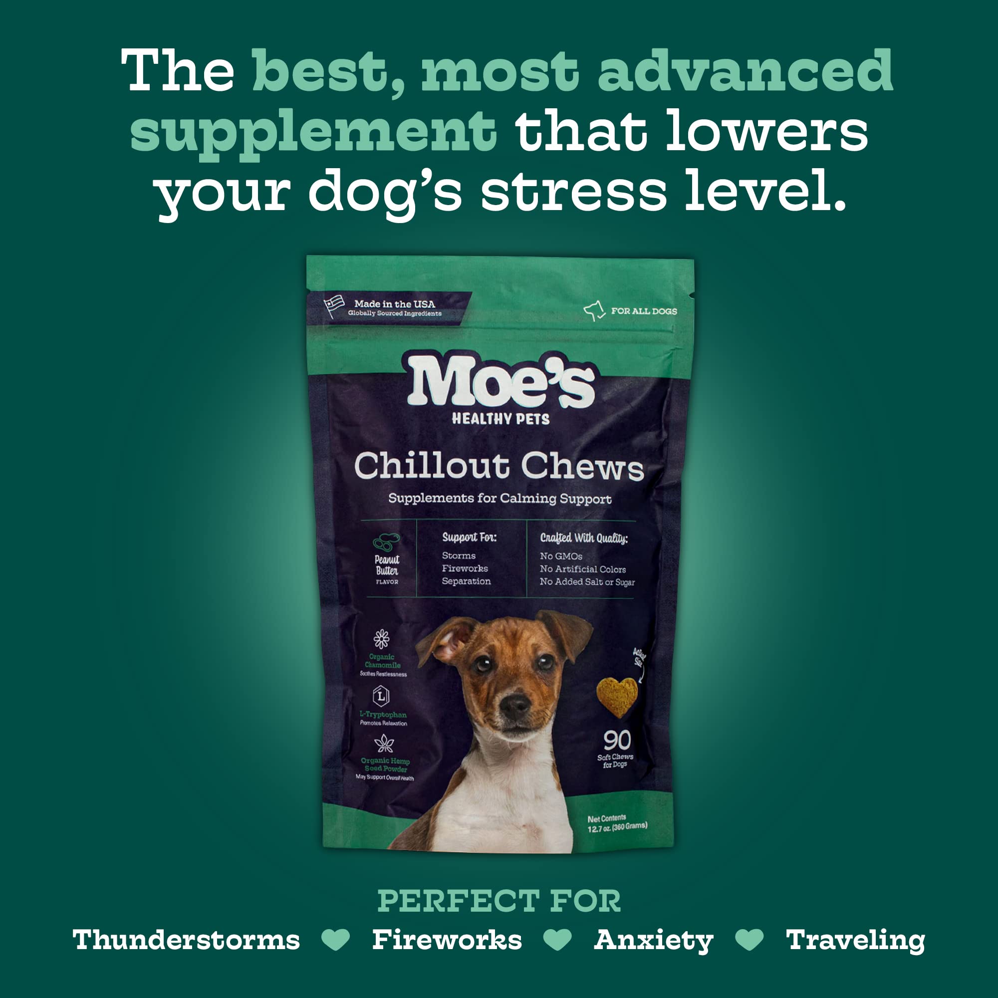 Moe’s Hemp Calming Chews for Dogs - Helps Aid with Storms, Fireworks, Chewing, Barking, Travel, Stress, Anxiety & Separation Anxiety - Tryptophan + Chamomile - Made in The USA - (Peanut Butter)