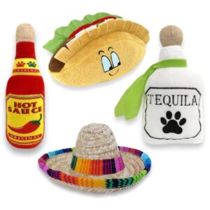 baja ponchos 4 pack fiesta dog chew toys and sombrero - mexican squeak plush toys - dog gifts for chihuahuas - taco - tequila - hot sauce - for all breeds