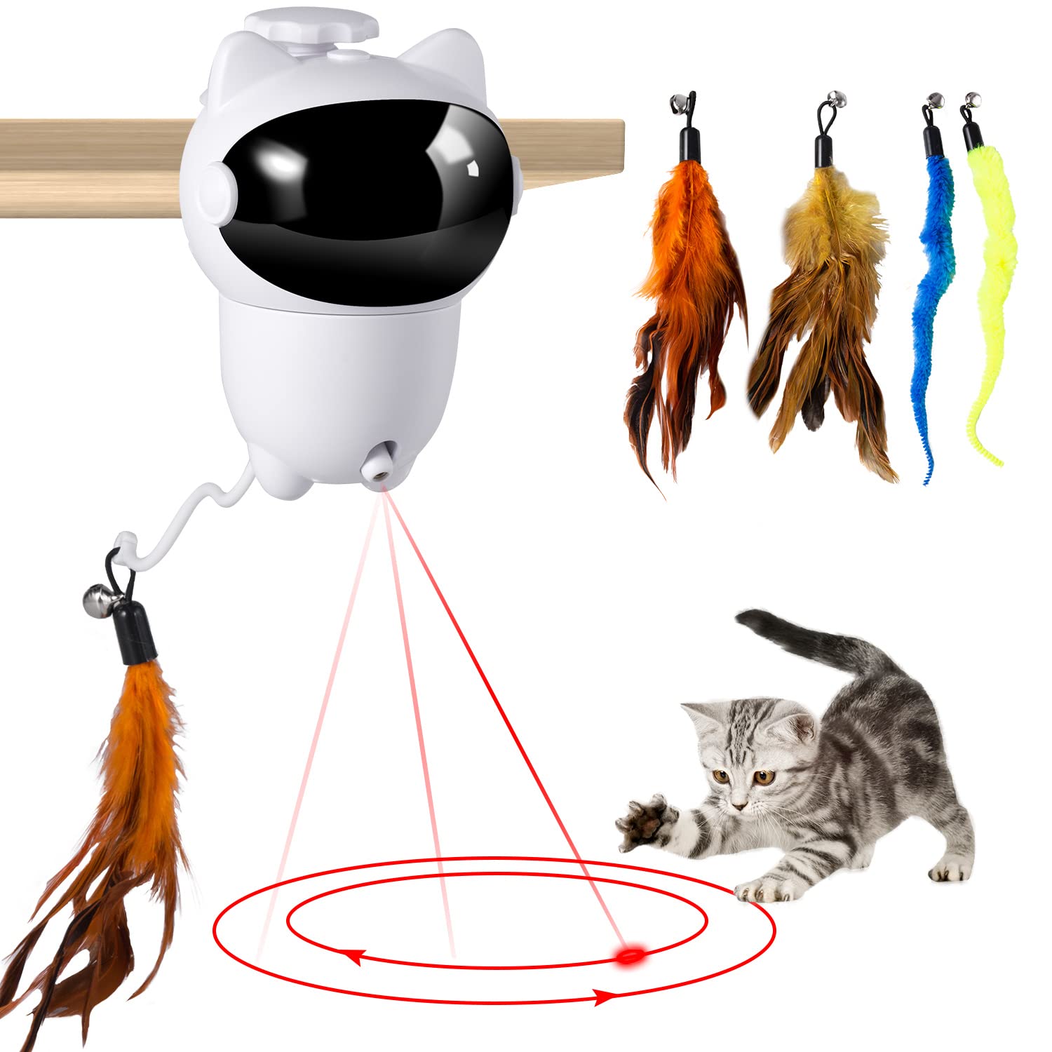 CooAoo Cat Toys for Indoor Cats Interactive Laser Cat Toy Rechargeable Kitten Toys Automatic Rotation Hanging Cat Toy Intelligent Electric Cat Pet Teaser Toys with Feather and Streamer