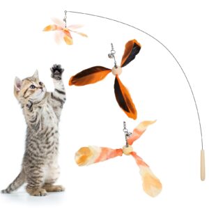 pawaboo feather teaser cat toy, interactive feather wand cat toy flying feather cat catcher with extra long 35" wand and small bell, fun exerciser playing toy for kitten or cat, orange