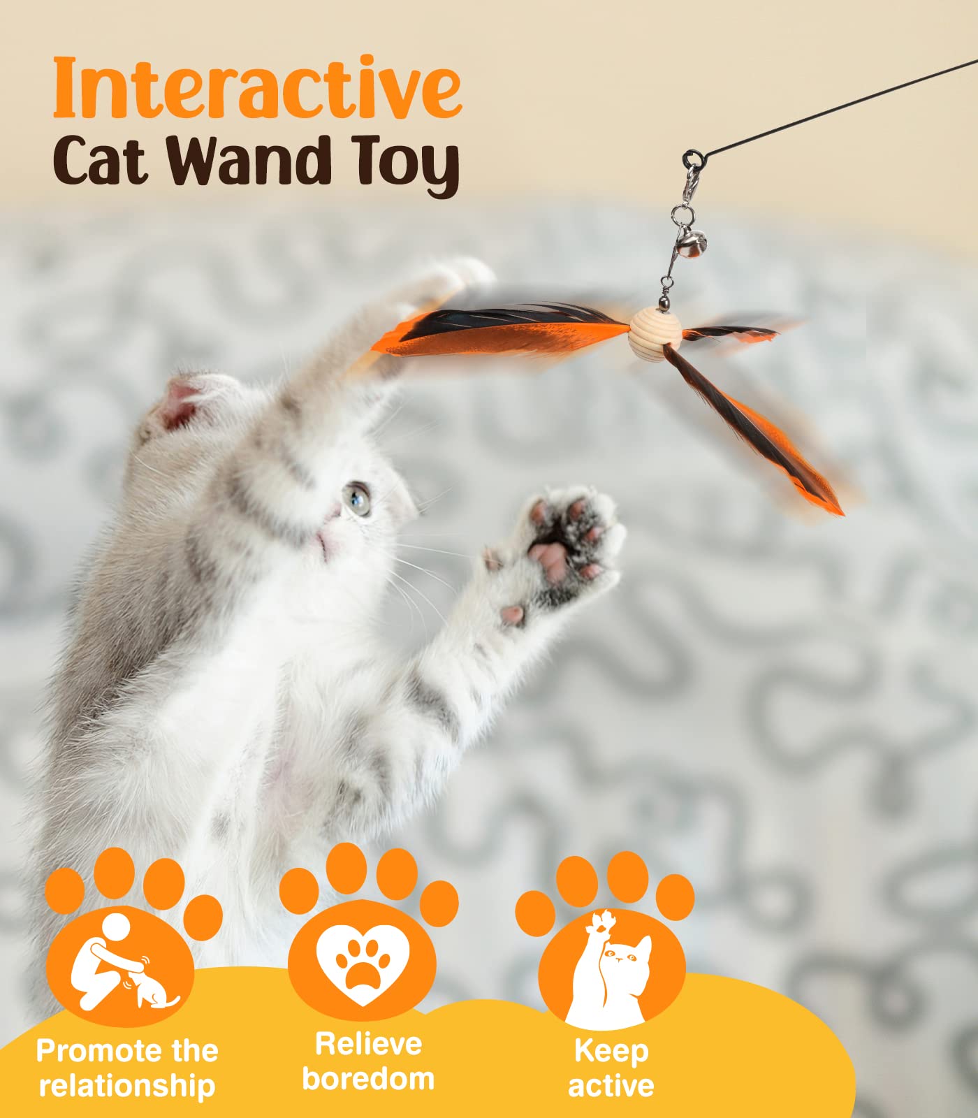 Pawaboo Feather Teaser Cat Toy, Interactive Feather Wand Cat Toy Flying Feather Cat Catcher with Extra Long 35" Wand and Small Bell, Fun Exerciser Playing Toy for Kitten or cat, Orange