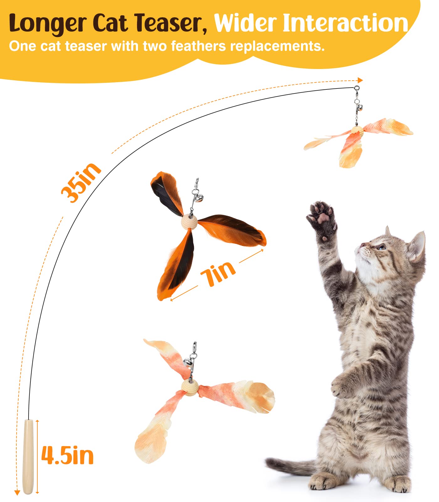 Pawaboo Feather Teaser Cat Toy, Interactive Feather Wand Cat Toy Flying Feather Cat Catcher with Extra Long 35" Wand and Small Bell, Fun Exerciser Playing Toy for Kitten or cat, Orange