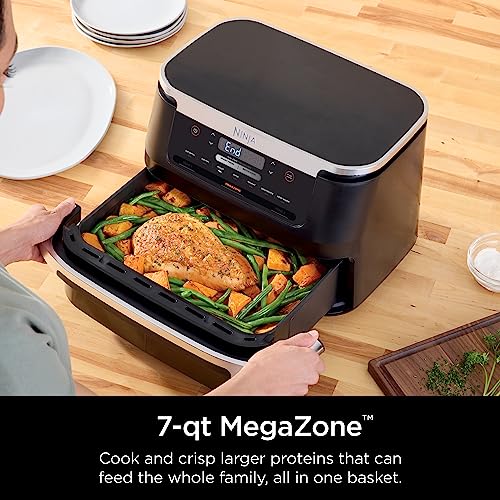 Ninja DZ071 Foodi 6-in-1 DualZone FlexBasket Air Fryer with 7-QT MegaZone & Basket Divider, Large Proteins & Full Meals, Smart Finish Cook 2 Foods 2 Ways, Large Capacity, Air Fry, Bake & More, Black