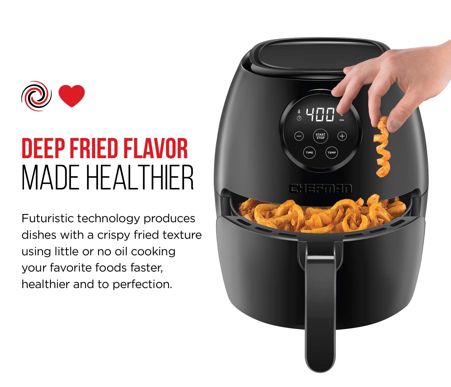 CHEFMAN Small Air Fryer Healthy Cooking, 3.6 Qt, User Friendly, Nonstick, Digital Touch Screen, Dishwasher Safe Basket, w/ 60 Minute Timer & Auto Shutoff, Matte Black, Cookbook Included