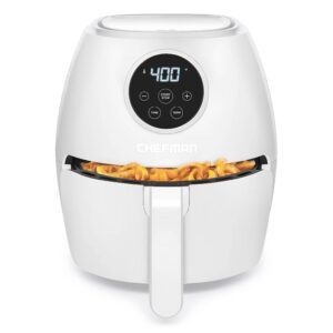 chefman small air fryer healthy cooking, 3.7 qt, nonstick, user friendly and digital touch screen, w/ 60 minute timer & auto shutoff, dishwasher safe basket, bpa-free, glossy white