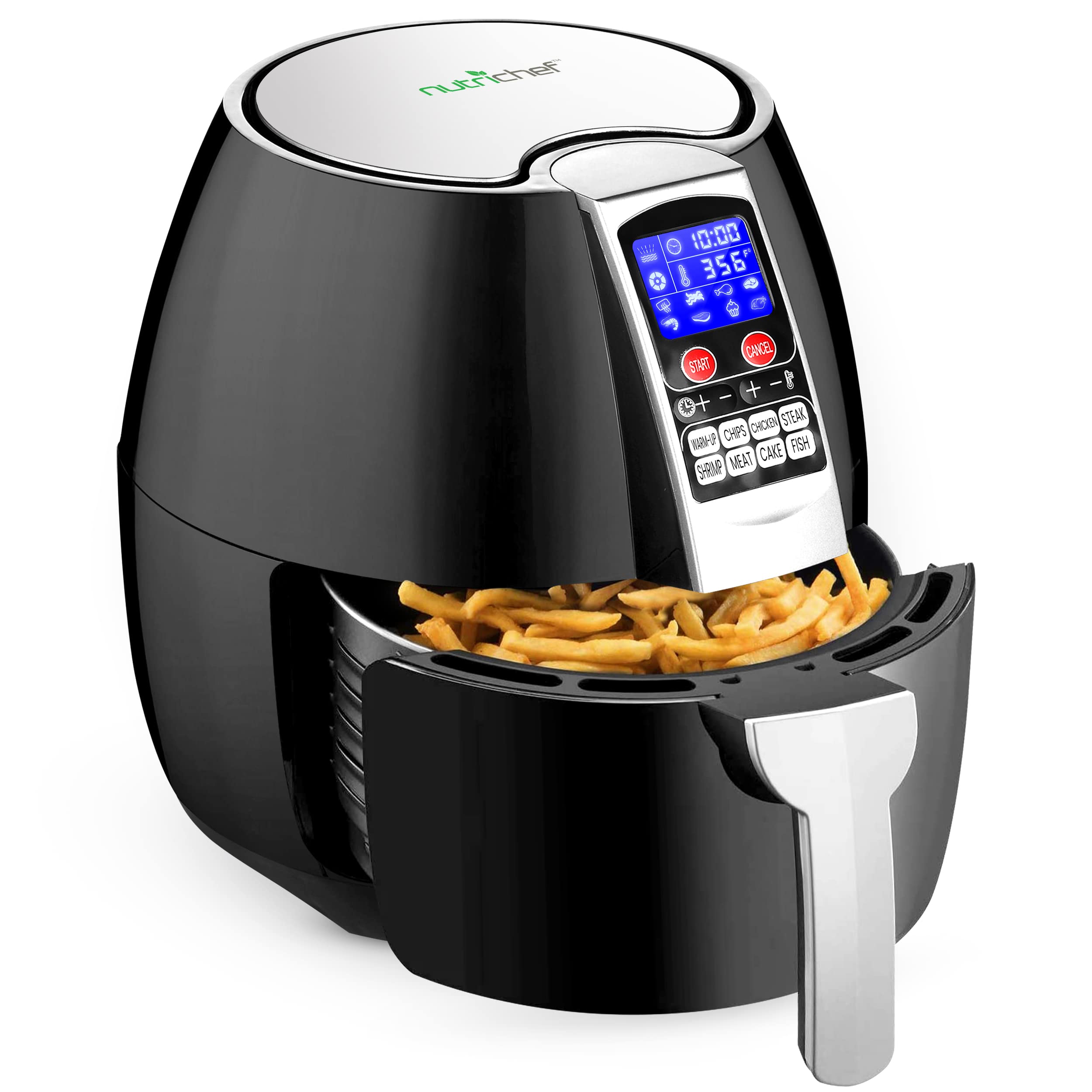 NutriChef Hot Air Fryer Oven - w/Digital Display, Electric Big 3.7 Qt Capacity Stainless Steel Kitchen Oilless Convection Power Multi Cooker w/Basket Pan - Use for Baking, Grill - (Black), One Size