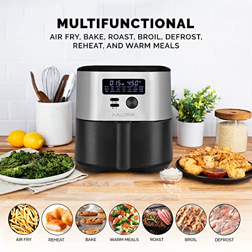 Kalorik MAXX® 7 Quart Air Fryer 1750W, 7-in-1 Air fry, Bake, Roast, Broil, Defrost, Reheat, and Warm food, LED Display, 21 Presets, 4 Accessories, Recipe book, FT 50930 OW