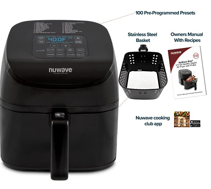 Nuwave 4.5-Qt Brio Air Fryer, 100 Pre-Programmed Recipes & 100 Memory Slots to Save & Recall Favorite Recipes, 100°F-400°F, Linear Thermal (Linear T) Technology for Perfect Results (Renewed)