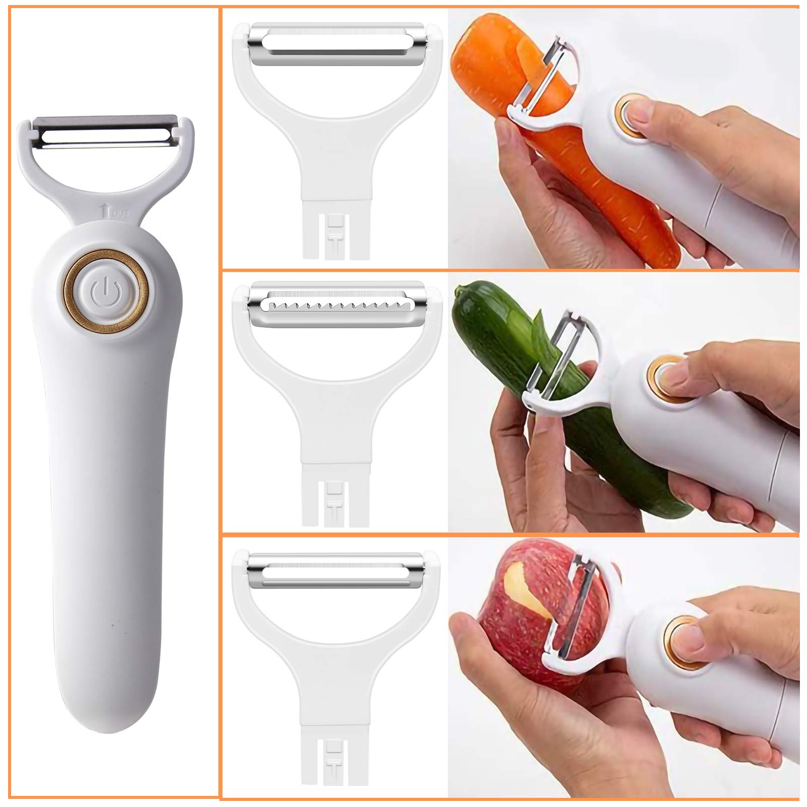 Electric Fruit Vegetable Peeler, Handheld Potato Peeler Pro Set, Kitchen Peeler Slicer with 3 Interchangeable Blades for Apple Potato Carrot Cucumber