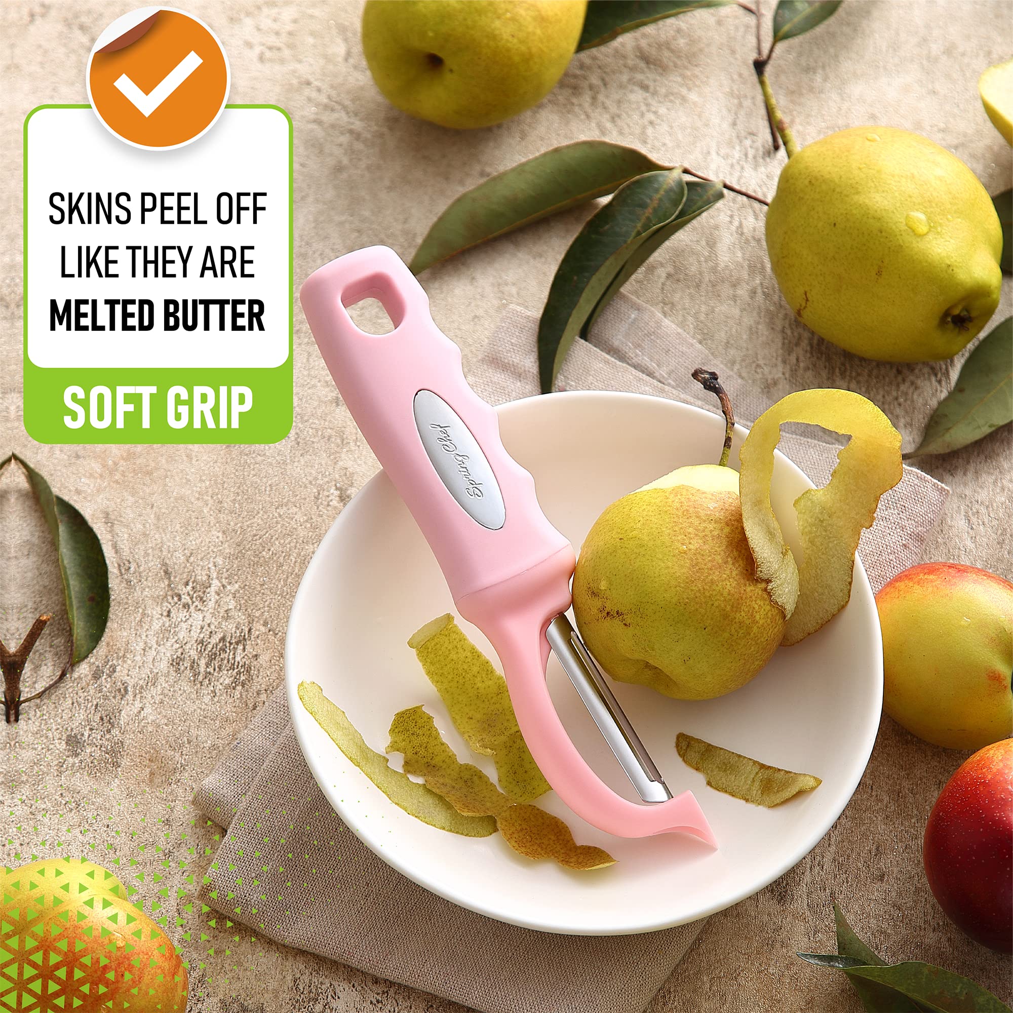 Spring Chef Premium Swivel Vegetable Peeler, Soft Grip Handle and Ultra Sharp Stainless Steel Blades - Perfect Kitchen Peeler For Veggie, Fruit, Potato, Carrot, Apple - Pink Lemonade