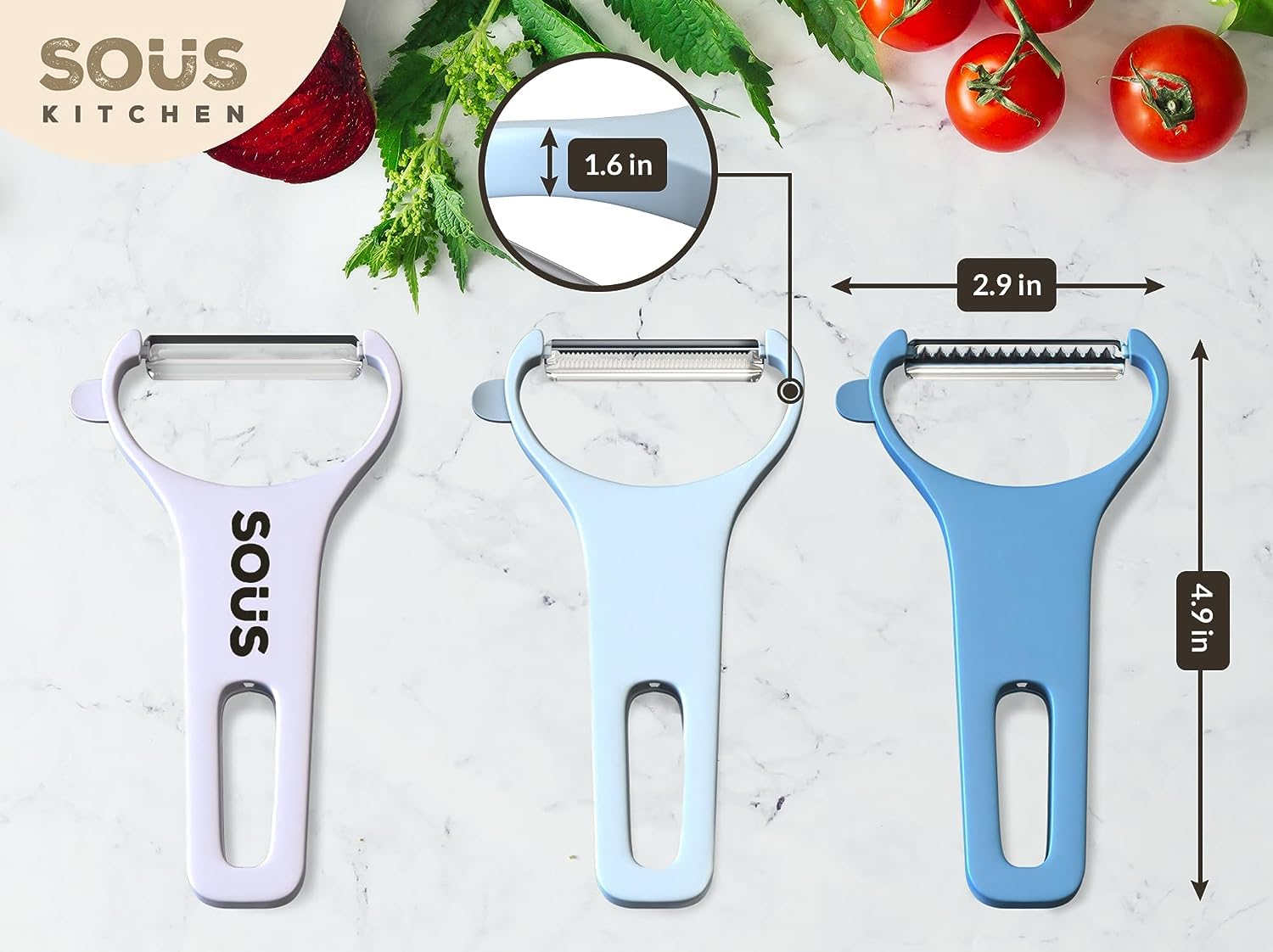 Sous Kitchen Veggie Peeler Julienne Peeler & Fruit Peeler Set of 3 - Vegetable Peelers for Kitchen - Potatoes Peeler With Sharp Peeler Blades - Speed Peeler With Ergonomic Handles & Swivel Blades