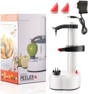 multifunctional electric automatic peeler stainless steel fruit and vegetable peeler machine kitchen peeling tool for apple and potato [2 replacement blades] - white