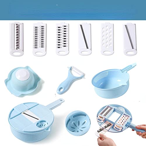 NA Multifunctional Vegetable Cutter 12 Piece Set Manual Potato and Radish shredding Kitchen Household Slicing, shredding and Peeling Machine Nordic Blue