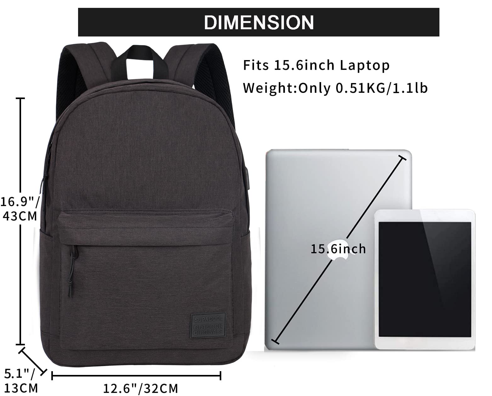 SUPACOOL Lightweight Casual Laptop Backpack with USB Charging Port For for Men and Women, Backpack for College (Grey)