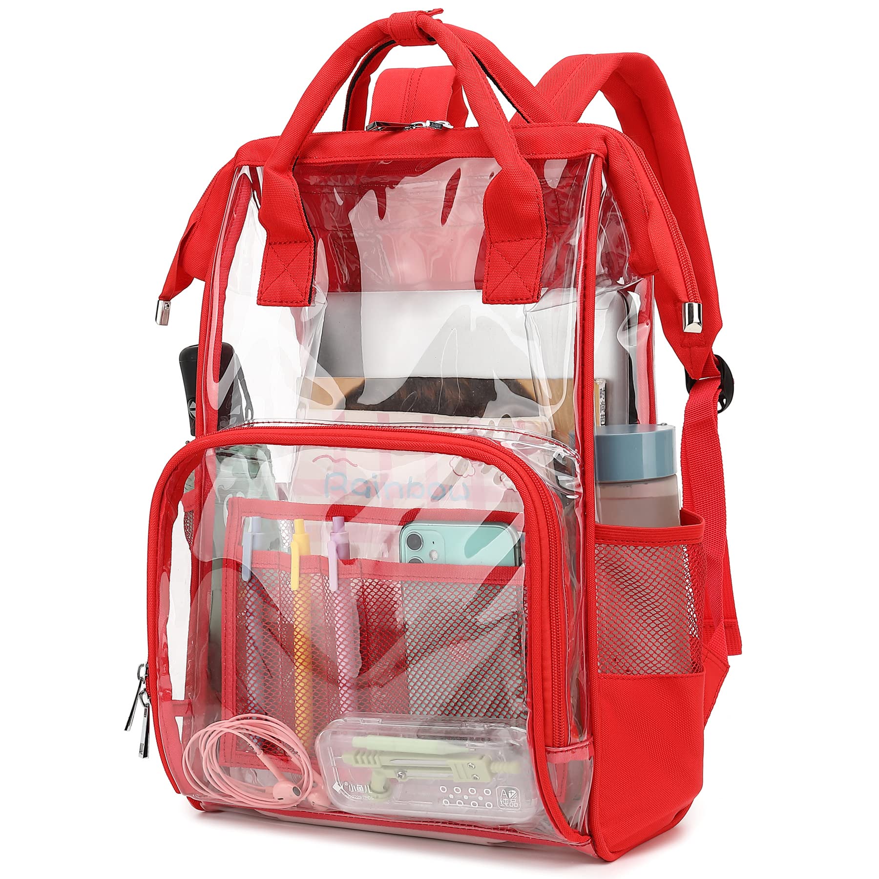 Yusudan Heavy Duty Clear Backpack for Men Women, School Bag Bookbag PVC Plastic Transparent Backpacks for Boys Girls (Red)