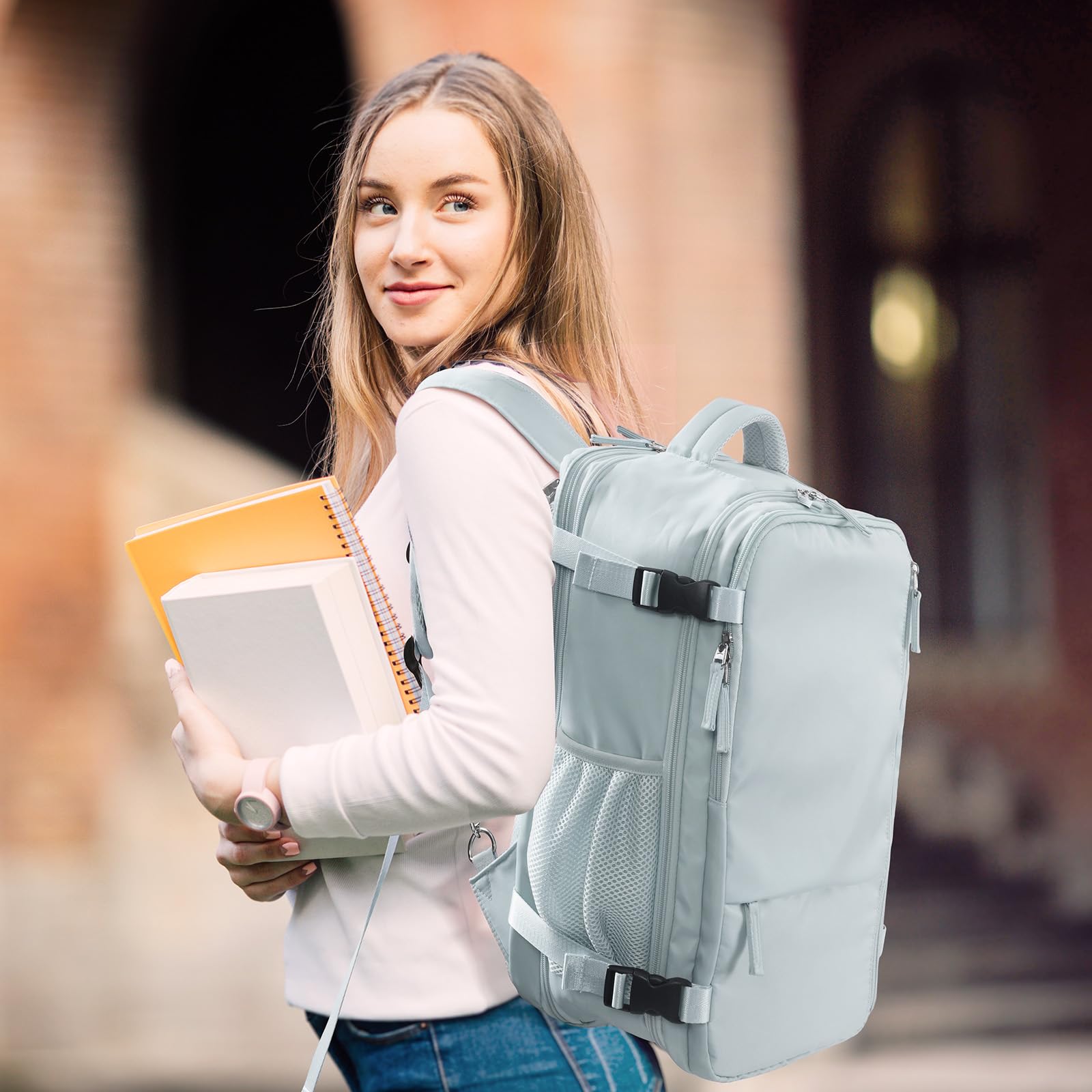 Hanples Extra Large Travel Backpack for Women as Person Item Flight Approved, 40L Carry On Backpack, 17 Inch Laptop Backpack, Waterproof Backpack, Hiking Backpack, Casual Bag(Light Blue)