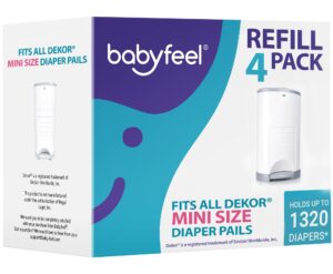 babyfeel refills compatible with dekor mini diaper pails | 4 pack | exclusive 20% extra thickness | diaper pail refills with powerful odor elimination | powder scent | holds up to 1320 diapers