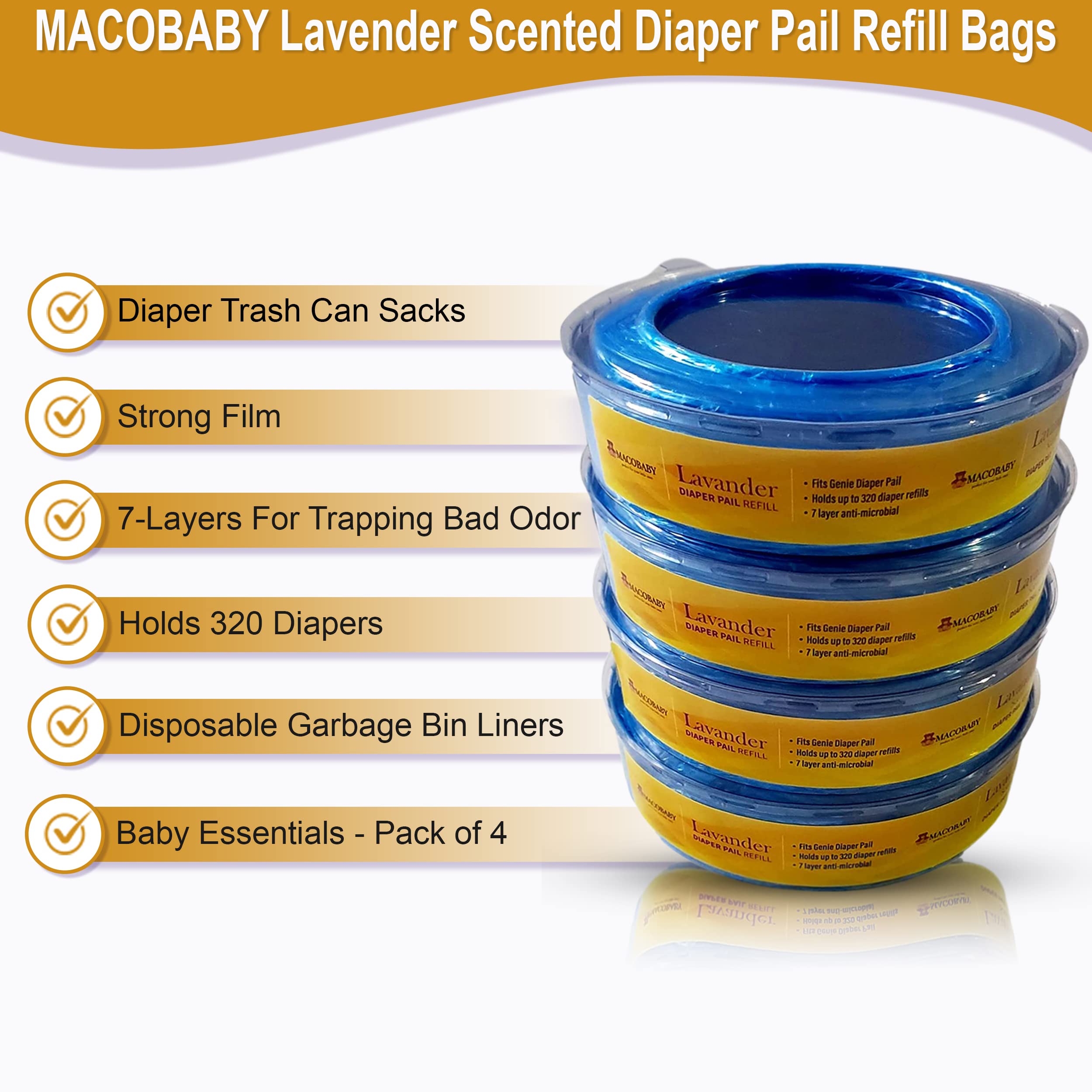 MACOBABY Lavender Scented Diaper Pail Refill Bags - Diaper Trash Can Sacks - Strong Film, 7-Layers For Trapping Bad Odor, Holds 320 Diapers - Disposable Garbage Bin Liners, Baby Essentials - Pack of 4