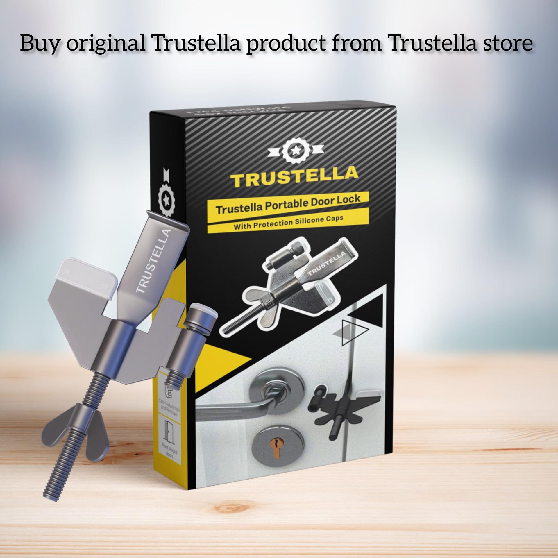 Original Trustella Heavy-Duty Portable Door Lock - Premium Stainless Steel for Enhanced Safety - Ideal for Travel, Home, Hotels, Apartments - Adjustable, Easy Install with Silicone Protector Caps