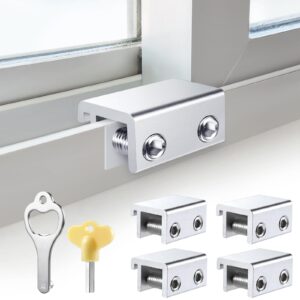 sliding window locks (4 sets), security window locks with keys, adjustable aluminum sliding window stops, easy installation without drilling, for vertical and horizontal sliding windows (silver)