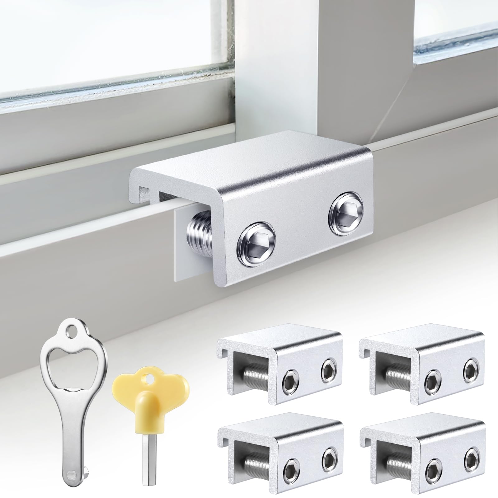 Sliding Window Locks (4 Sets), Security Window Locks with Keys, Adjustable Aluminum Sliding Window Stops, Easy Installation Without Drilling, for Vertical and Horizontal Sliding Windows (Silver)