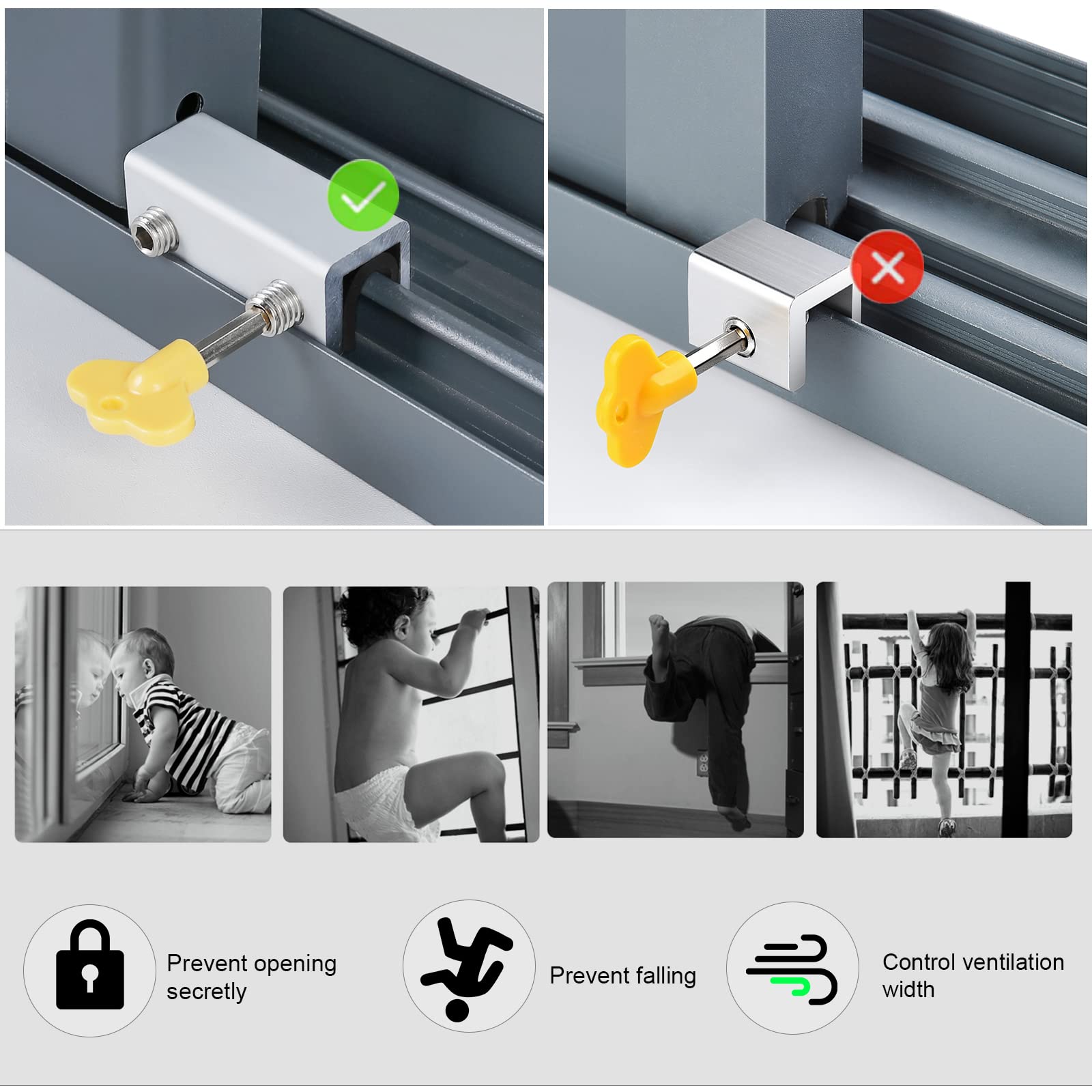 Window Locks,Sliding Security Windows Locks With Key, Window Security Bars for Vertical&Horizontal Slide Door,Adjustable Security Locks For Child Home Bedroom and Office, 4 PACK Aluminum