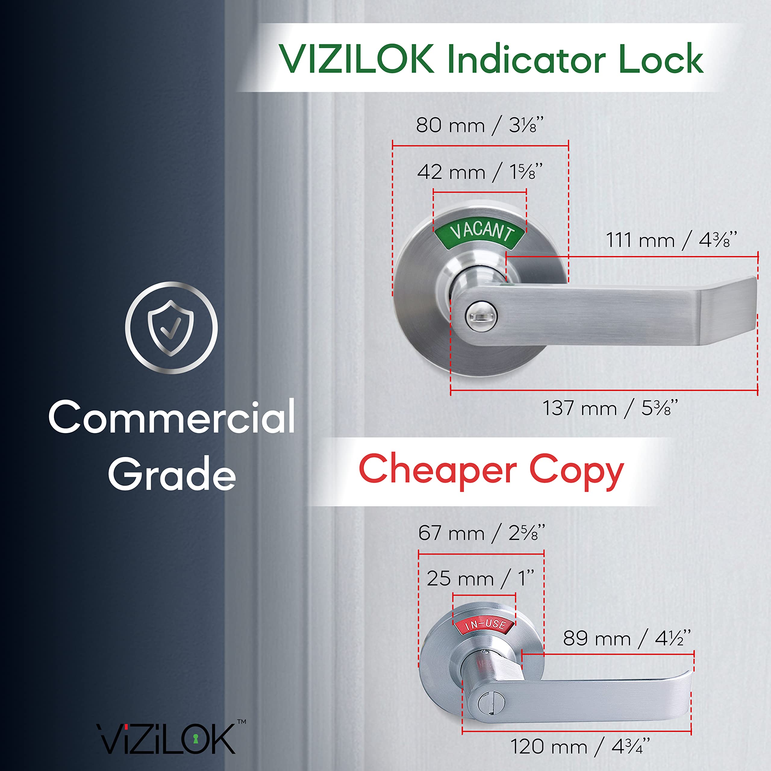 VIZILOK Privacy Indicator Lock and Lever C3FK, Large in-USE or Vacant Indicator, Durable ANSI GRADE2 comp, Perfect for Public restrooms Including Restaurants, Hospitals, Medical Offices. Satin Chrome