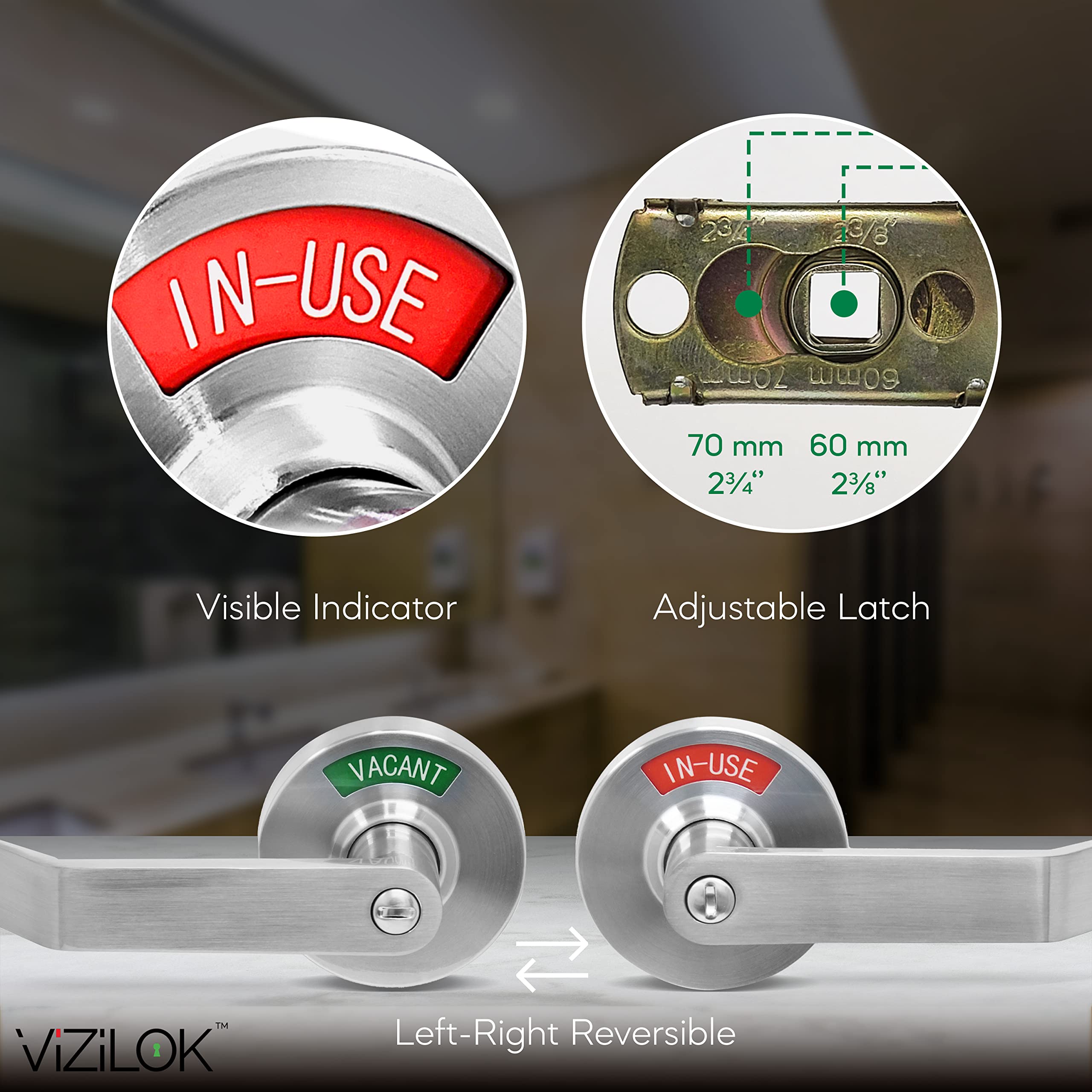 VIZILOK Privacy Indicator Lock and Lever C3FK, Large in-USE or Vacant Indicator, Durable ANSI GRADE2 comp, Perfect for Public restrooms Including Restaurants, Hospitals, Medical Offices. Satin Chrome