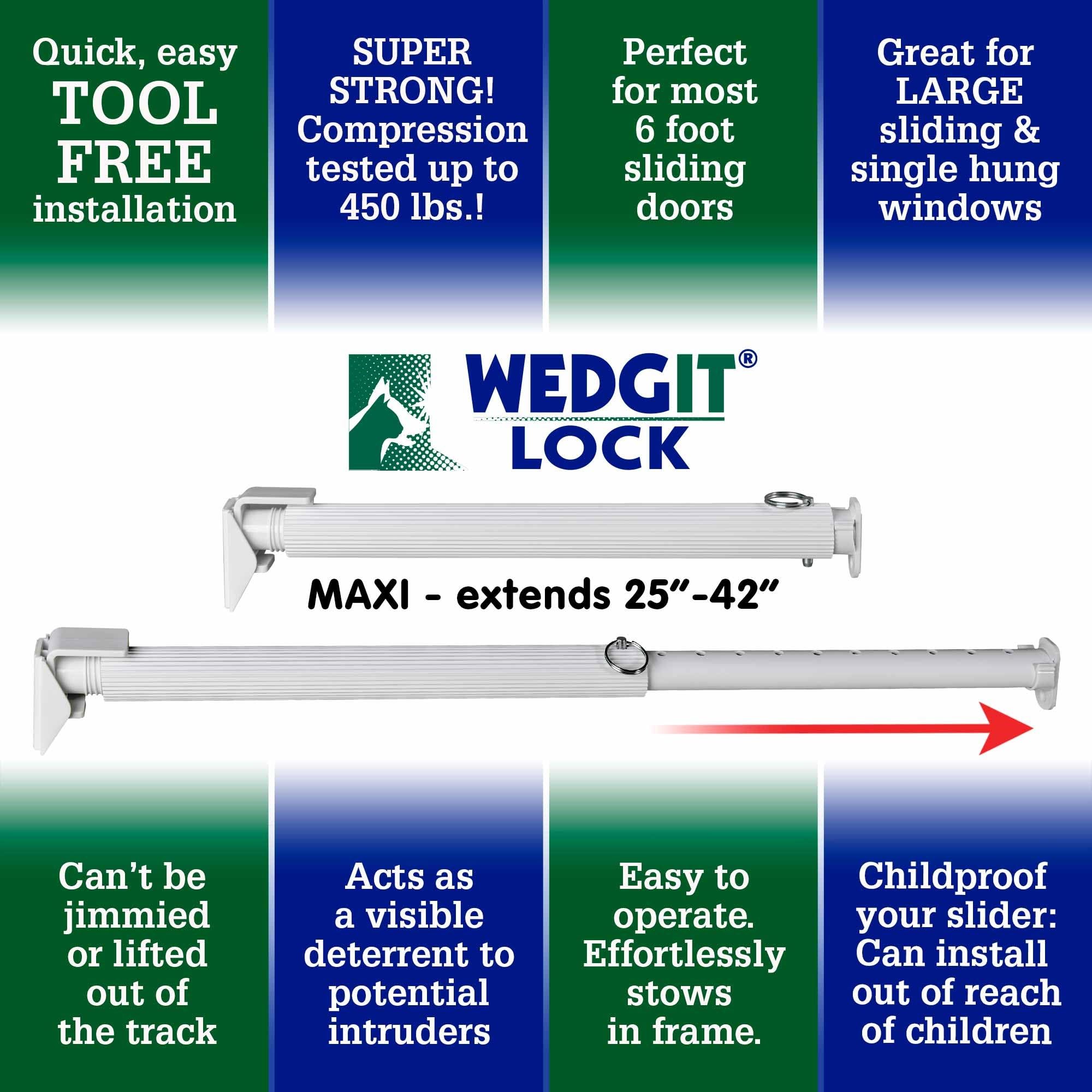 Wedgit Maxi Twist Tight Large Size Sliding Door Security Bar Extends 25 to 42”, Sliding Door Lock Bar to Keep Intruders from Getting in, Also Ideal for Sliding & Single Hung Windows, White