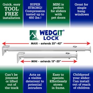 Wedgit Maxi Twist Tight Large Size Sliding Door Security Bar Extends 25 to 42”, Sliding Door Lock Bar to Keep Intruders from Getting in, Also Ideal for Sliding & Single Hung Windows, White