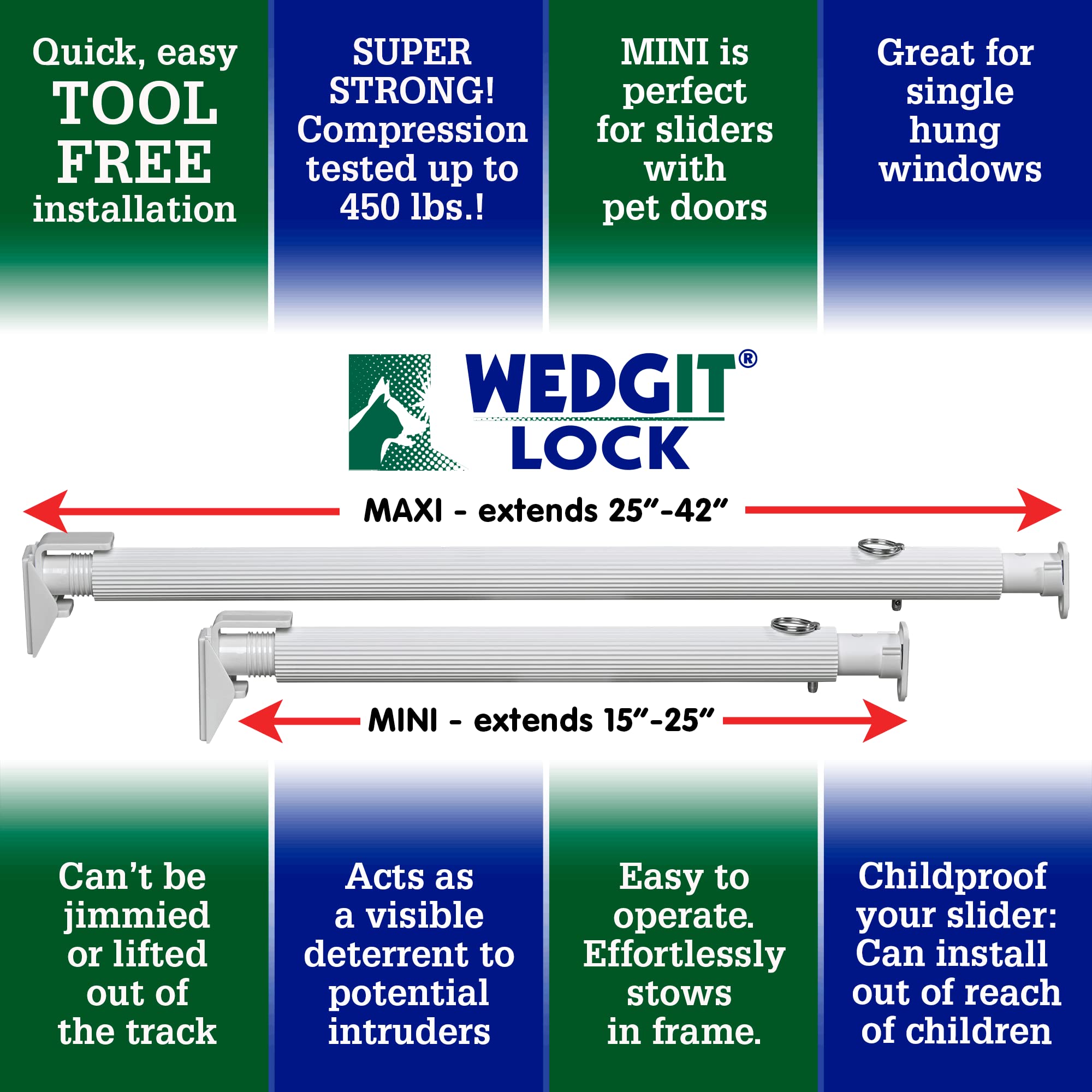 Wedgit Maxi Twist Tight Large Size Sliding Door Security Bar Extends 25 to 42”, Sliding Door Lock Bar to Keep Intruders from Getting in, Also Ideal for Sliding & Single Hung Windows, White