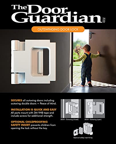 The Door Guardian - Door Lock for Out-Swinging Doors, Home Security Latch Device, Childproof, Easy to Install (White)