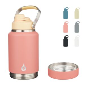 bjpkpk 64oz insulated water bottles, dishwasher safe half gallon water bottle with metal handle, bpa free spout lid & detachable bowl, large stainless steel water jugs, pink